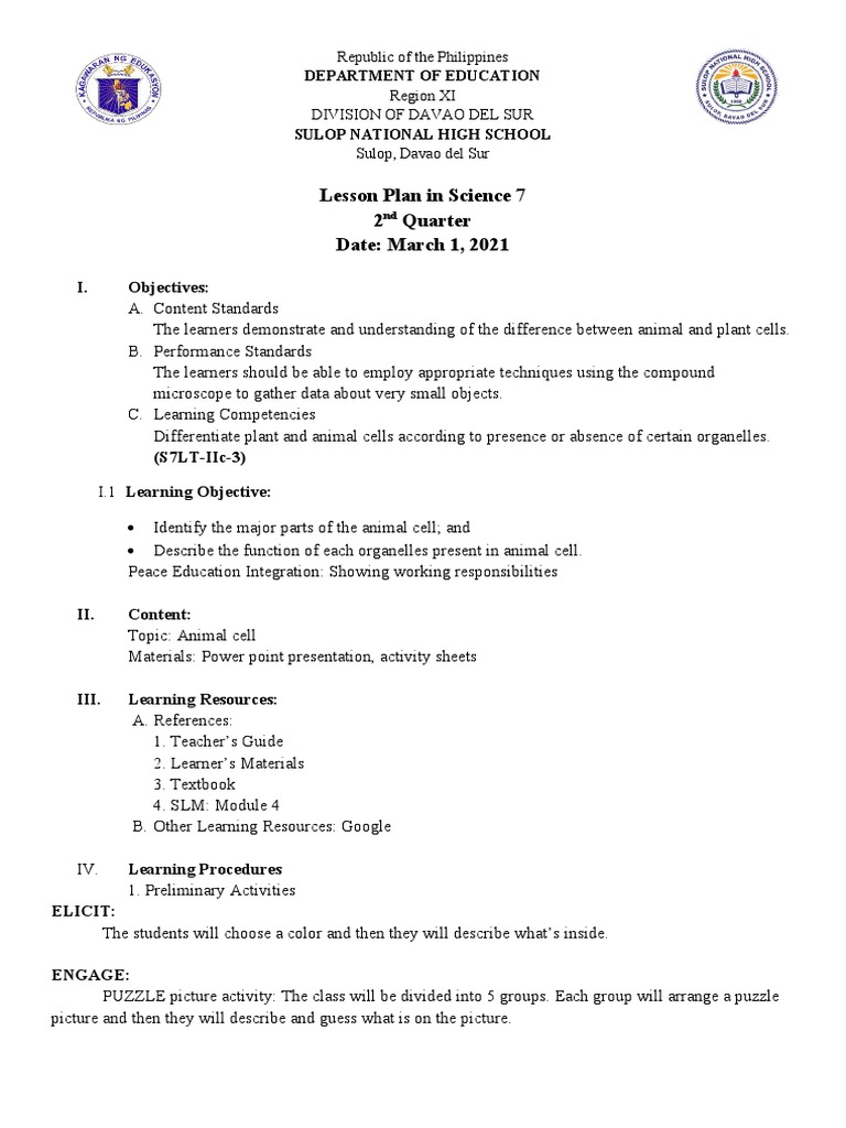 Science 7: Animal Cell Lesson Plan | PDF | Cell (Biology) | Eukaryotes