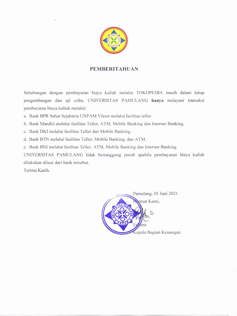 Surat Pemberitahuan Untuk Media Pembayaran UNPAM | PDF