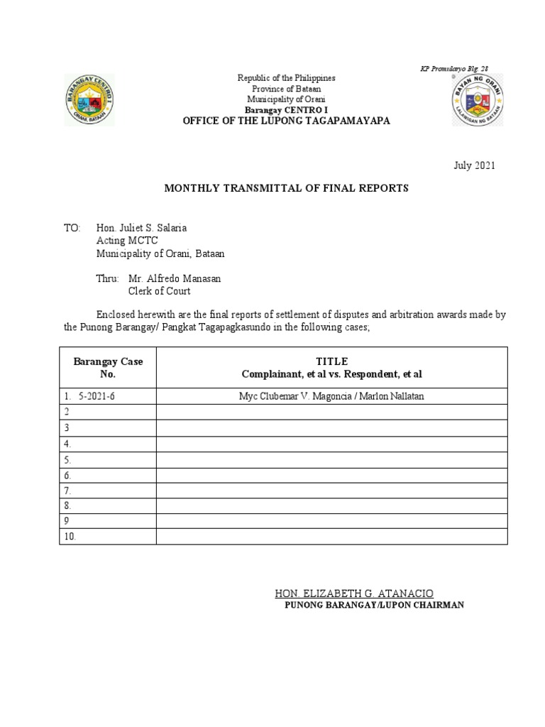 Monthly Transmittal of Final Reports: Office of The Lupong Tagapamayapa ...