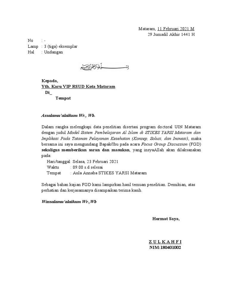 Undangan FGD Penelitian Disertasi UIN Mataram | PDF
