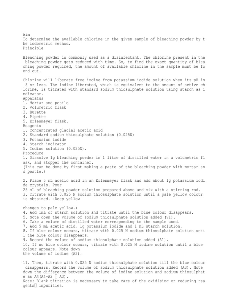 CL in Bleaching Powder | PDF | Titration | Chemistry