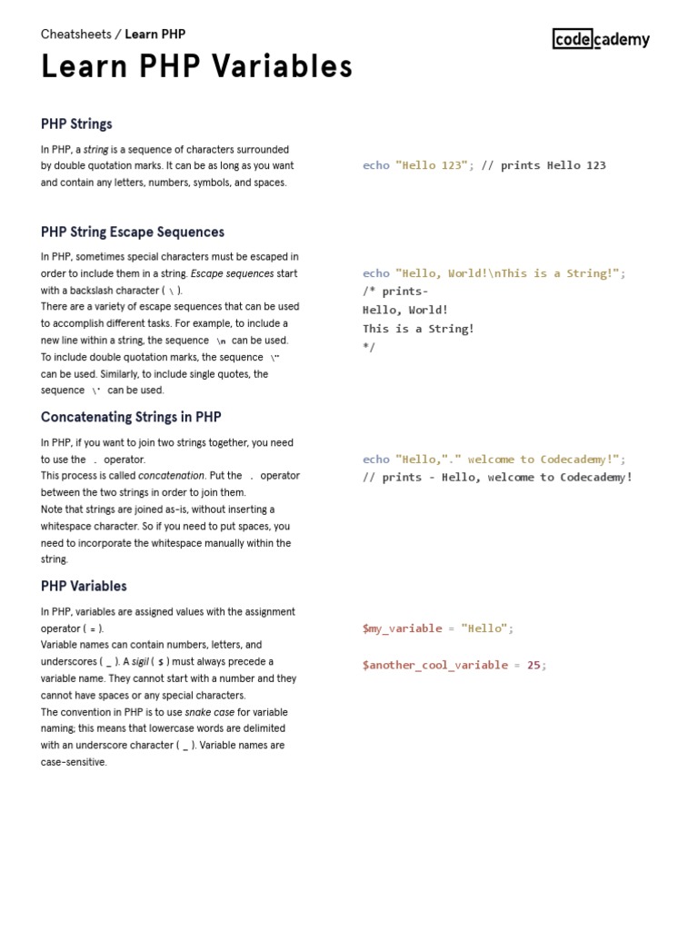 Learn Php Learn Php Variables Cheatsheet Codecademy Pdf Integer String Computer Science 