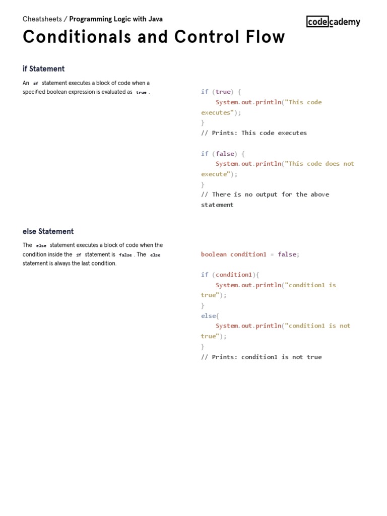 Programming Logic With Java - Conditionals and Control Flow Cheatsheet - Codecademy | PDF ...