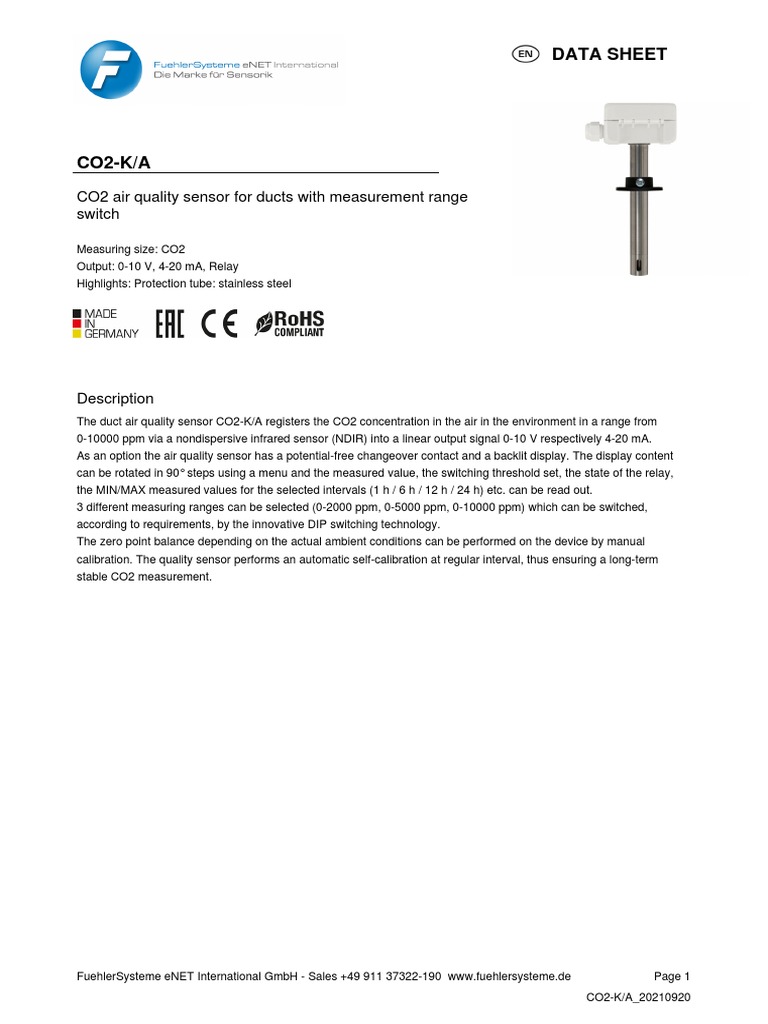 Data Sheet: CO2 Air Quality Sensor For Ducts With Measurement Range ...
