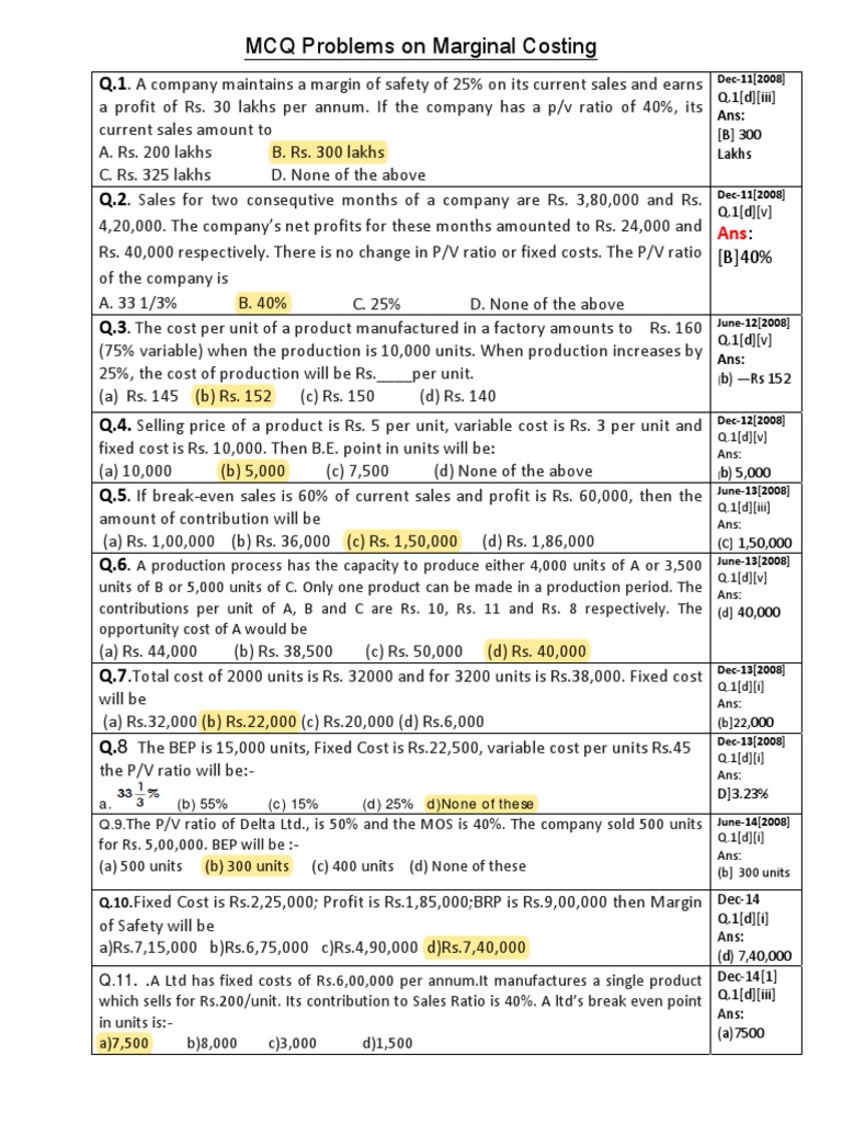 MCQ Problems On Marginal Costing: Q.1 (D) (V) Ans | PDF | Cost ...