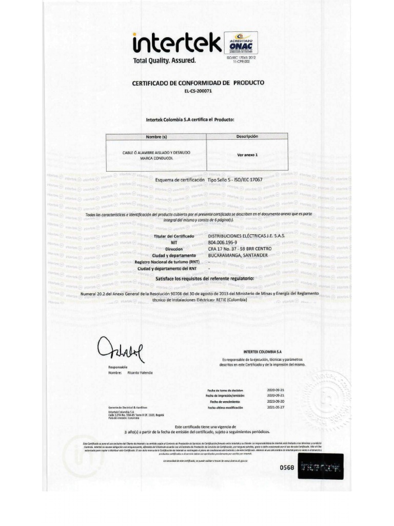 Certificado Cables General Intertek El-Cs-200071 | PDF