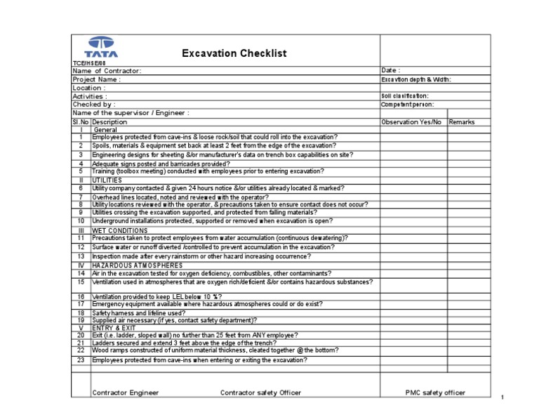 Format - Excavation Checklist | PDF