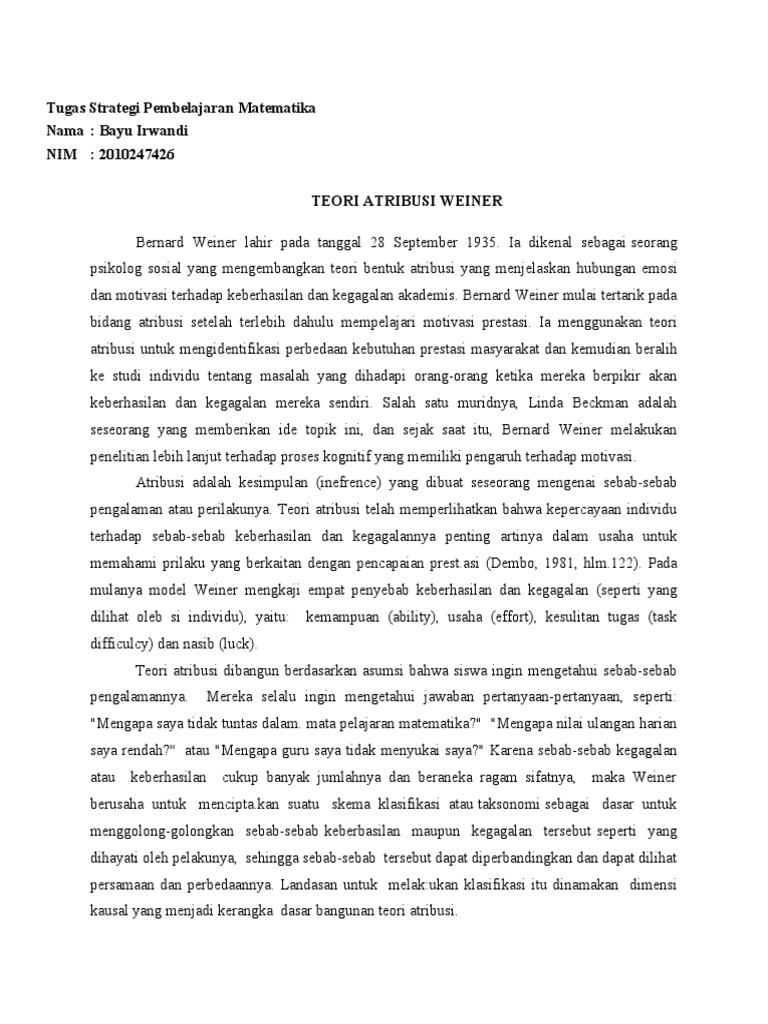 Tugas Teori Atribusi Weiner Revisi | PDF
