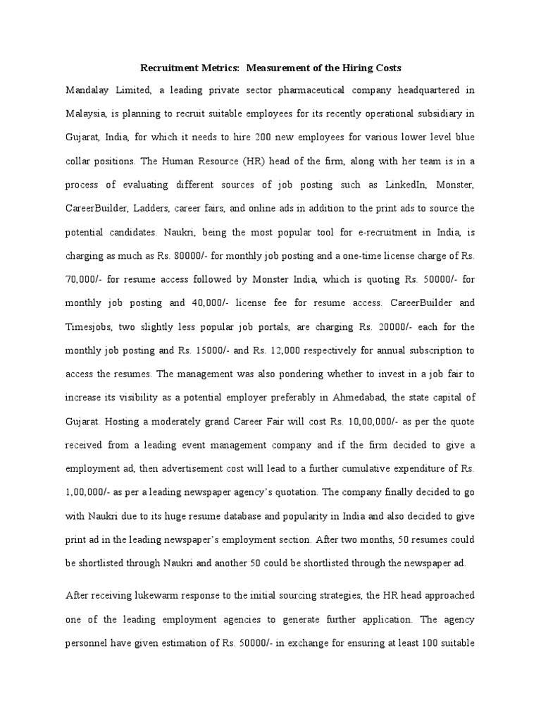 Recruitment Metric Exercise | PDF | Recruitment | Employment