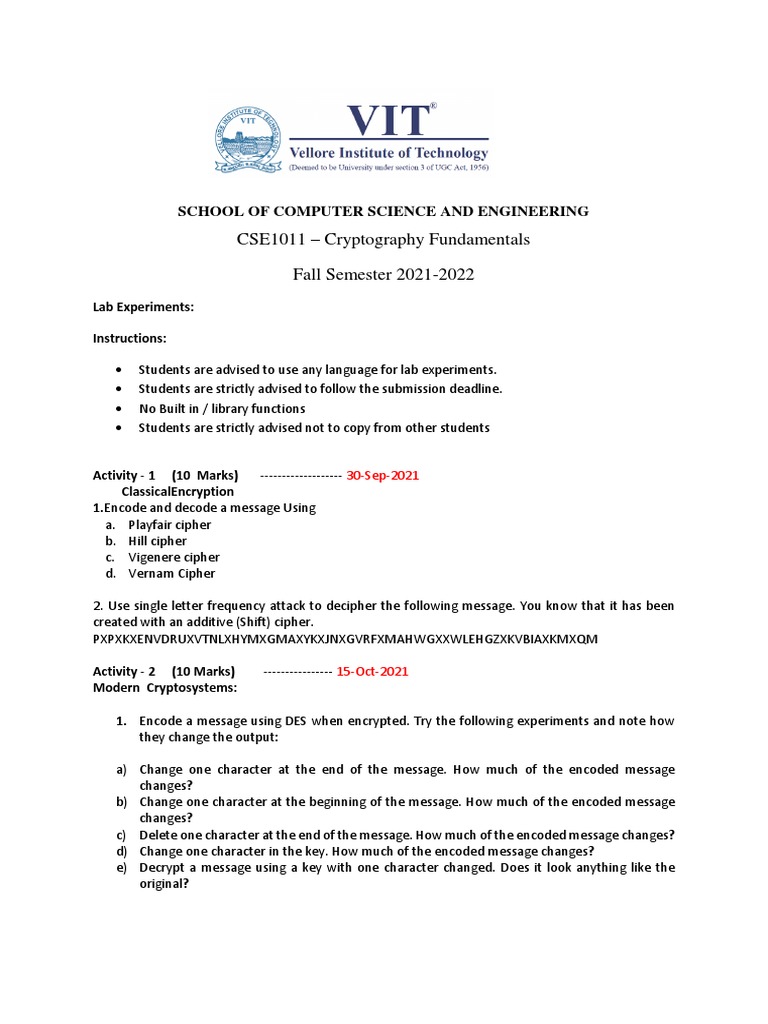 CSE1011 - Cryptography Fundamentals Fall Semester 2021-2022: School of ...