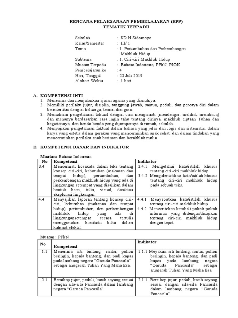 Rencana Pelaksanaan Pembelajaran (RPP) Tematik Terpadu | PDF ...