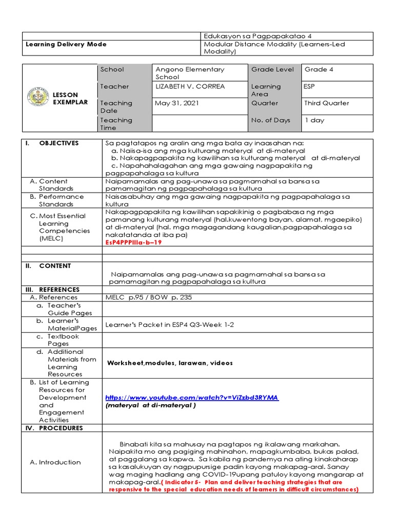Esp4 q3 Lesson Exemplar Lizabeth | PDF
