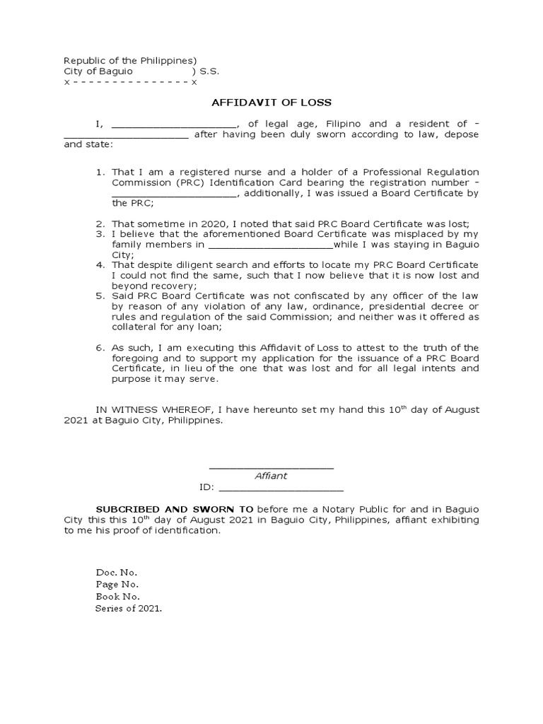 Affidavit of Loss PRC Board Rating | PDF