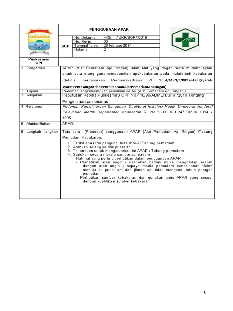 SOP Penggunaan APAR di Puskesmas | PDF