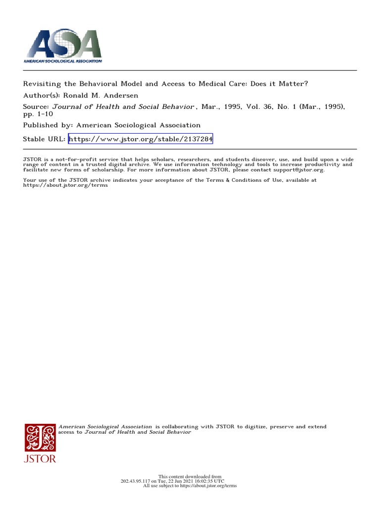 Andersen 1995 - Behavioral Model and Access To Medical Care | PDF ...