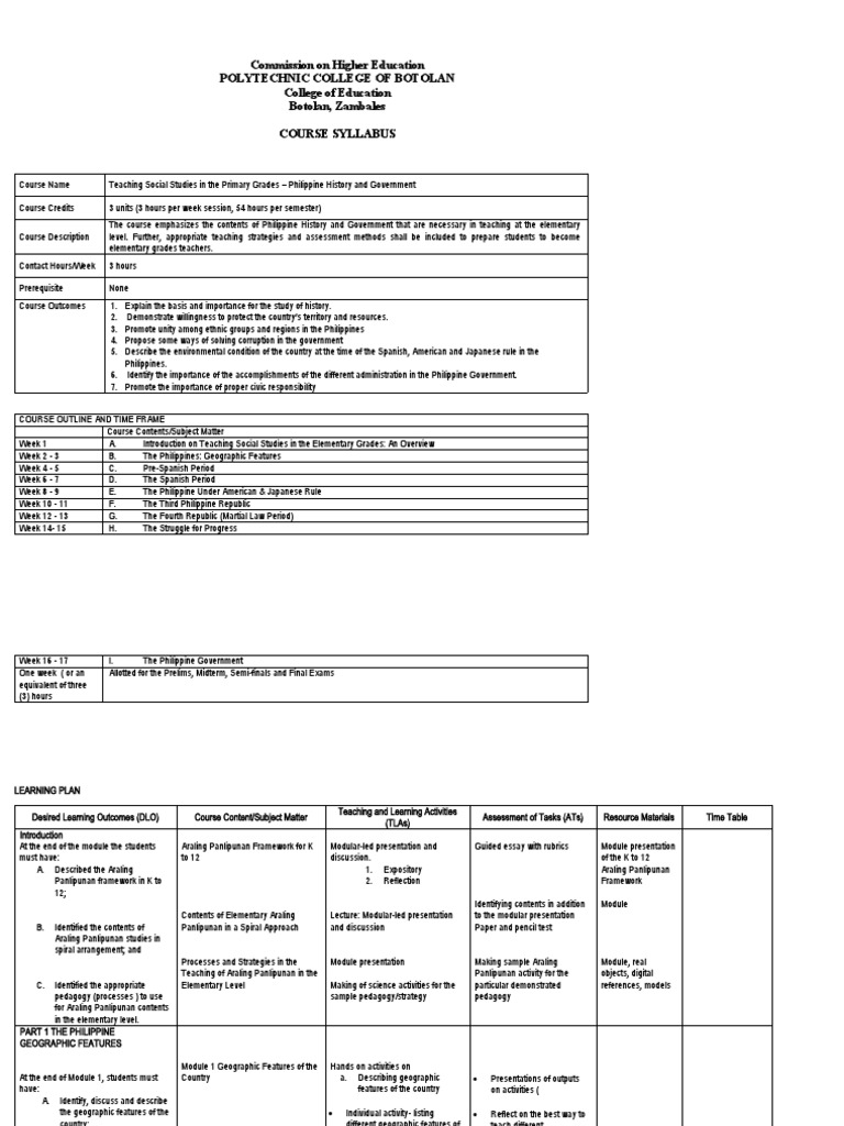 COURSE SYLLABUS in Teaching Social Studies | PDF | President Of The ...
