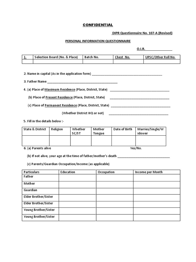 Confidential DIPR Questionnaire No. 107-A (Revised) Personal ...