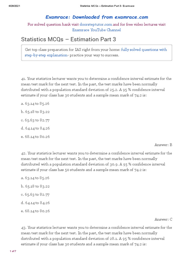 Statistics Mcqs - Estimation Part 3: For Solved Question Bank Visit and ...