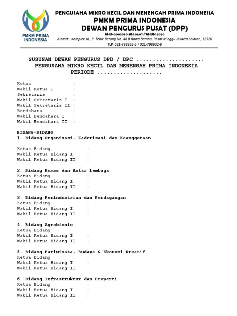 Susunan Kepengurusan PMKM Prima Indonesia DPD Atau DPC | PDF
