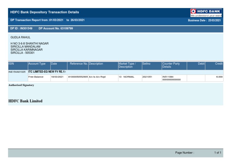 HDFC Bank Depository Transaction Details | PDF