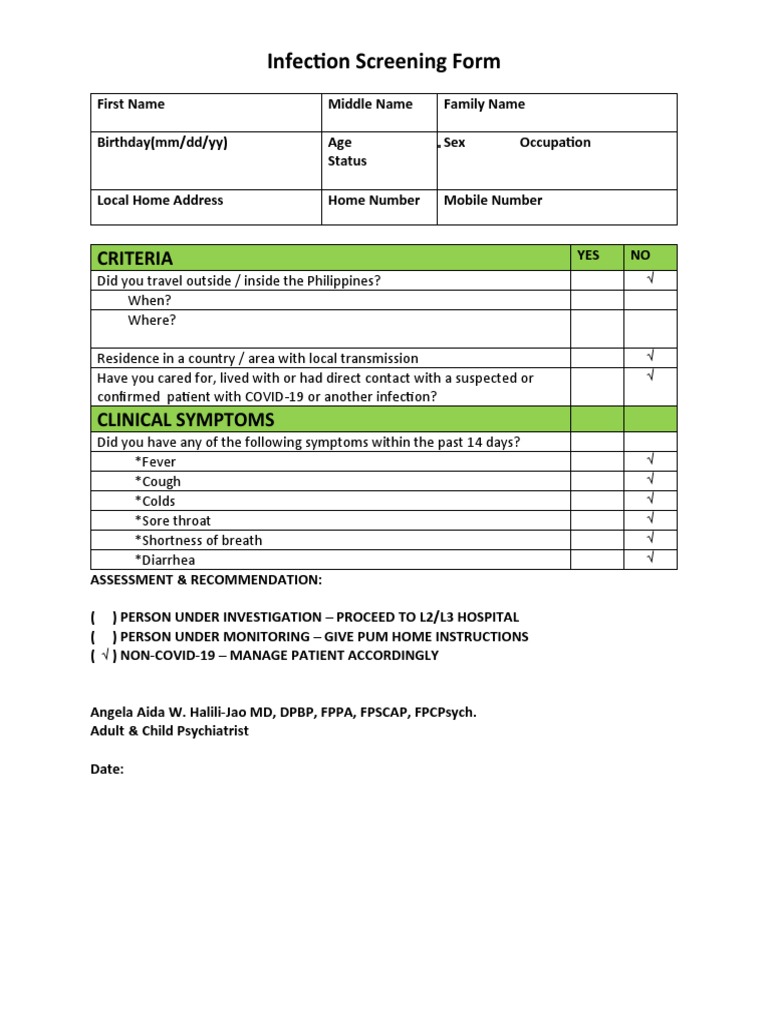 Infection Screening Form Word Template | PDF