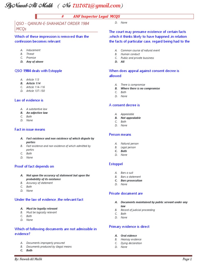 Law QSO Order MCQS | PDF | Evidence (Law) | Hearsay