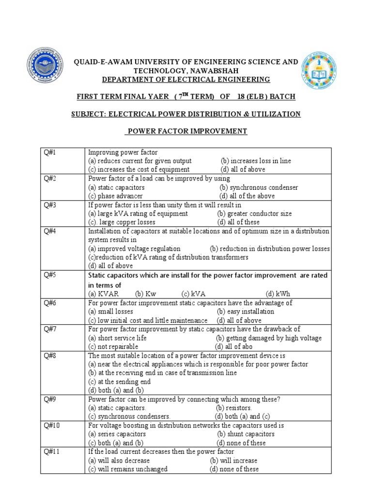 Test # 3 Power Factor Improvement-1 | PDF | Ac Power | Electric Power