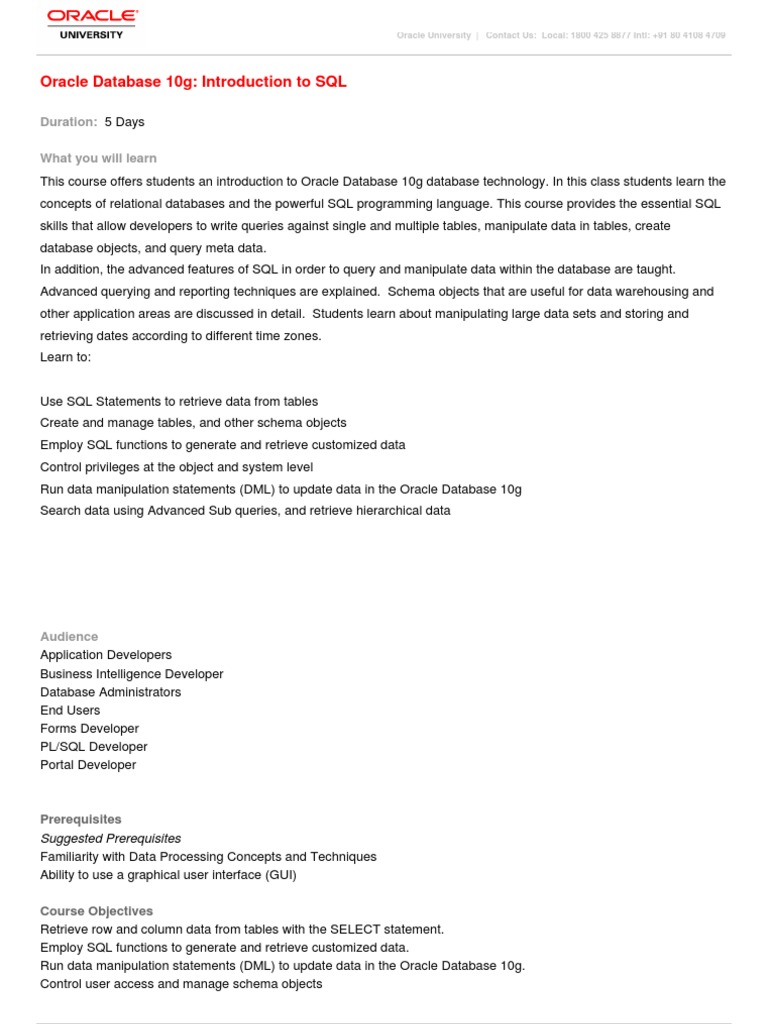 Oracle Database 10g: Introduction To SQL: Duration | PDF