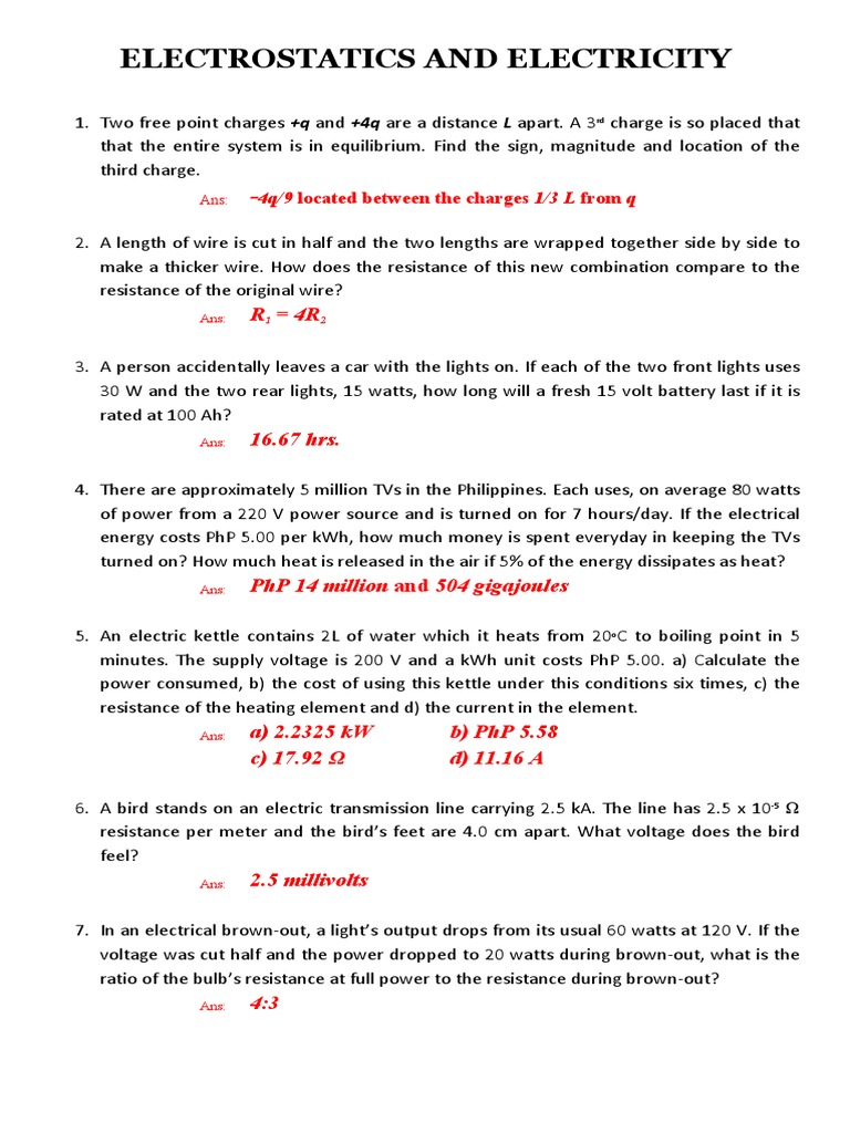 SCI 403 BSIE Batangas State University Physics 1 Electrostatics and Electricity Problem Set ...