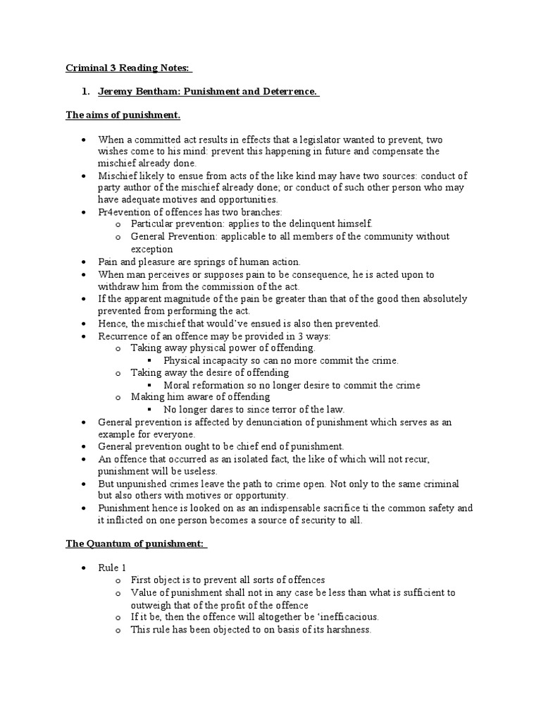 Criminal 3 Reading Notes: 1. Jeremy Bentham: Punishment and Deterrence ...