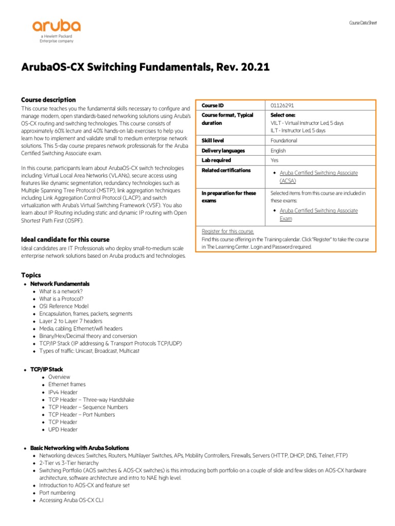 Arubaos-Cx Switching Fundamentals, Rev. 20.21: Course Description | PDF | Computer Network ...