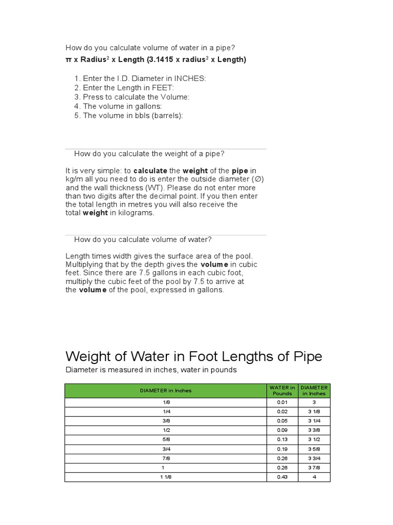 Pipe Weight With Water | PDF | Volume | Barrel (Unit)
