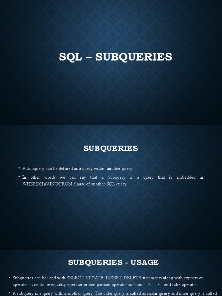 SQL - Subqueries | PDF | Computing | Computer Science SQL - Subqueries | PDF | Computing | Computer Science
