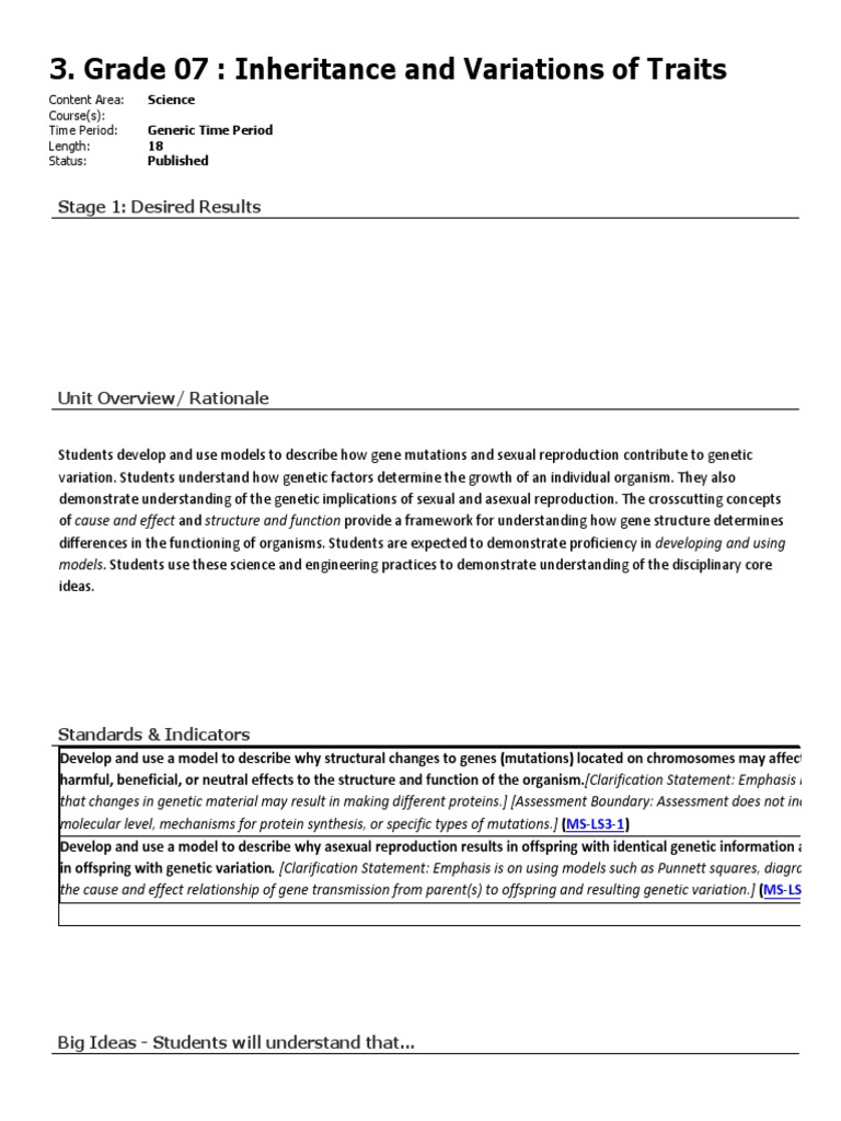 Grade 07: Inheritance and Variations of Traits: Stage 1: Desired ...