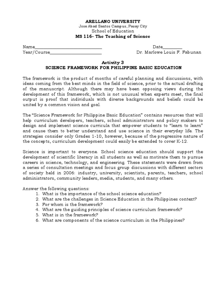 Activity 3-SCIENCE FRAMEWORK FOR PHILIPPINE BASIC EDUCATION | PDF