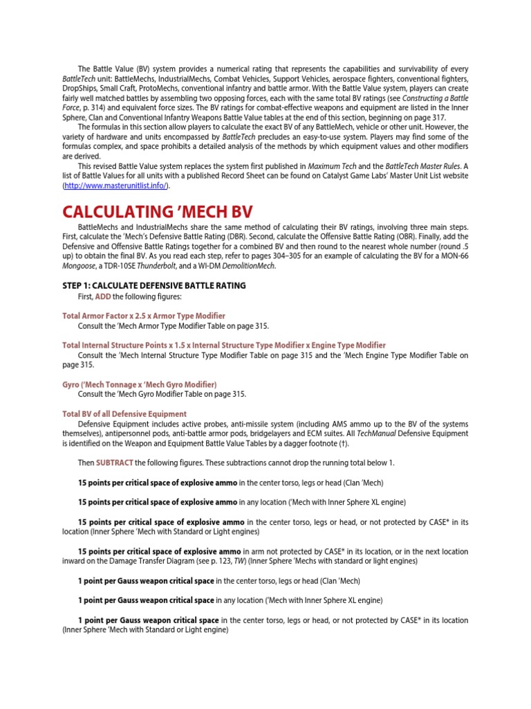 Battle Value Calculation in BattleTech | PDF | Ammunition | Battle Tech