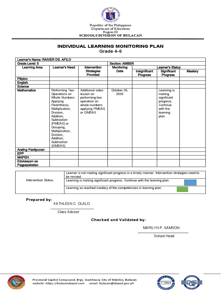 Individual Learning Monitoring Plan | PDF | Communication ...
