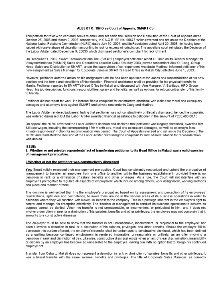 ALBERT O. TINIO Vs Court of Appeals, SMART Co. | PDF | Employment ...
