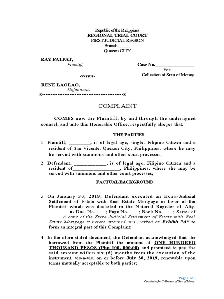 Complaint For Collection of Sum of Money | PDF | Complaint | Lawsuit