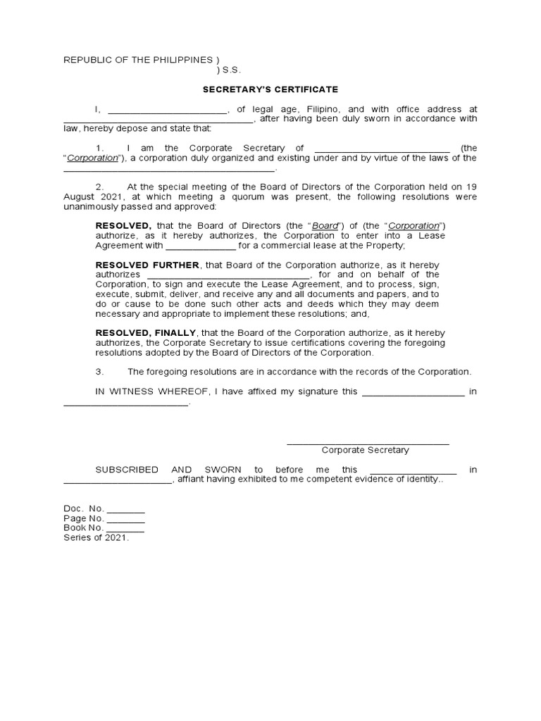 Secretary Certificate | PDF
