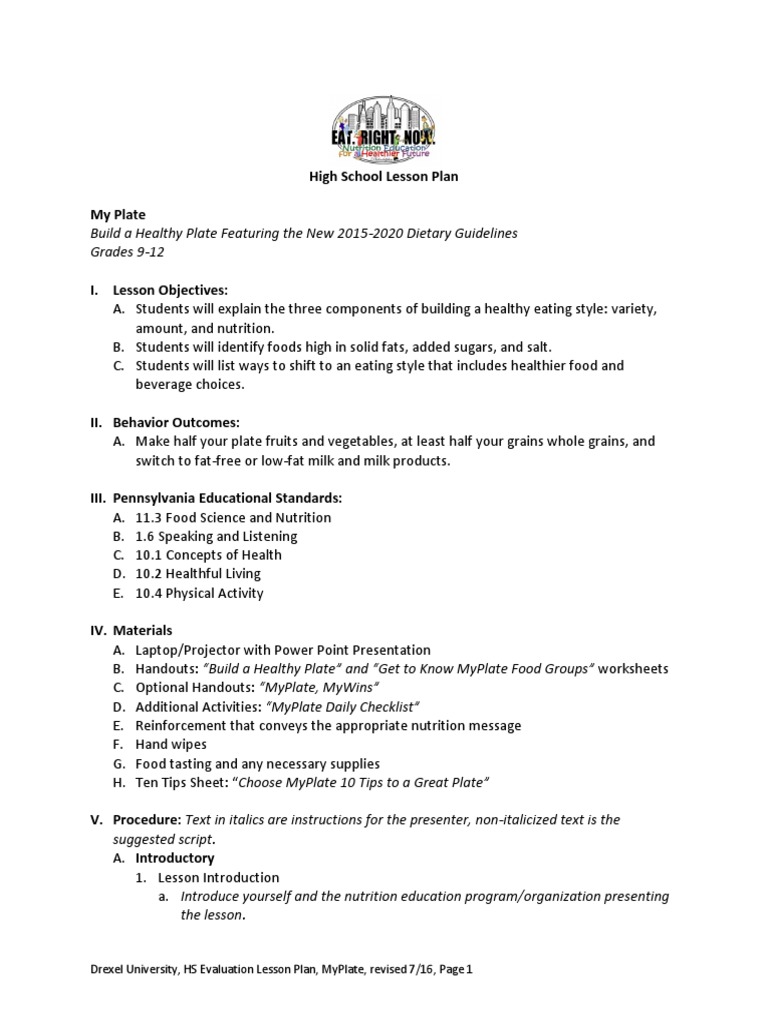 Building Healthy Plates: A High School Lesson Plan on the 2015-2020 ...