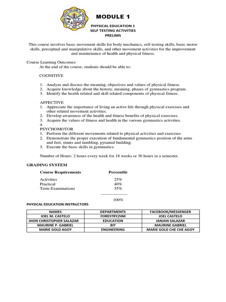 Physical Education 1 Module 1 | PDF | Physical Education | Physical Fitness
