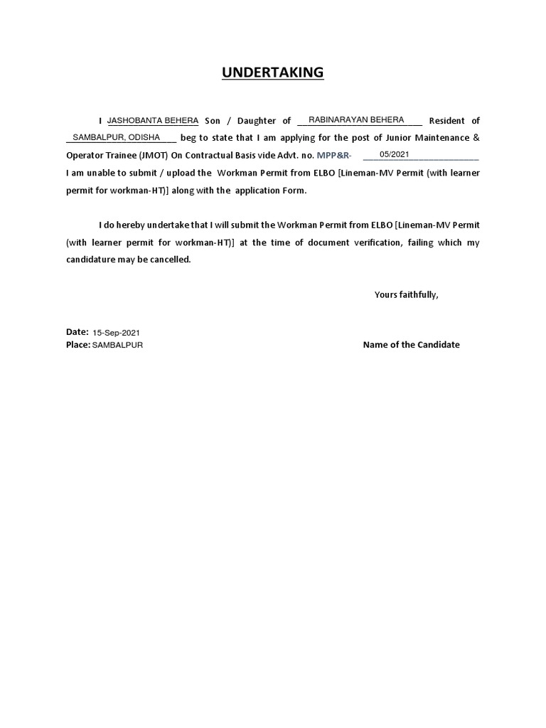 Undertaking: Jashobanta Behera Rabinarayan Behera Sambalpur, Odisha | PDF