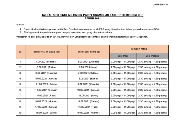 Lampiran D Jadual Sesi Simulasi Calon Pac Pengambilan Kadet PTD M41 | PDF