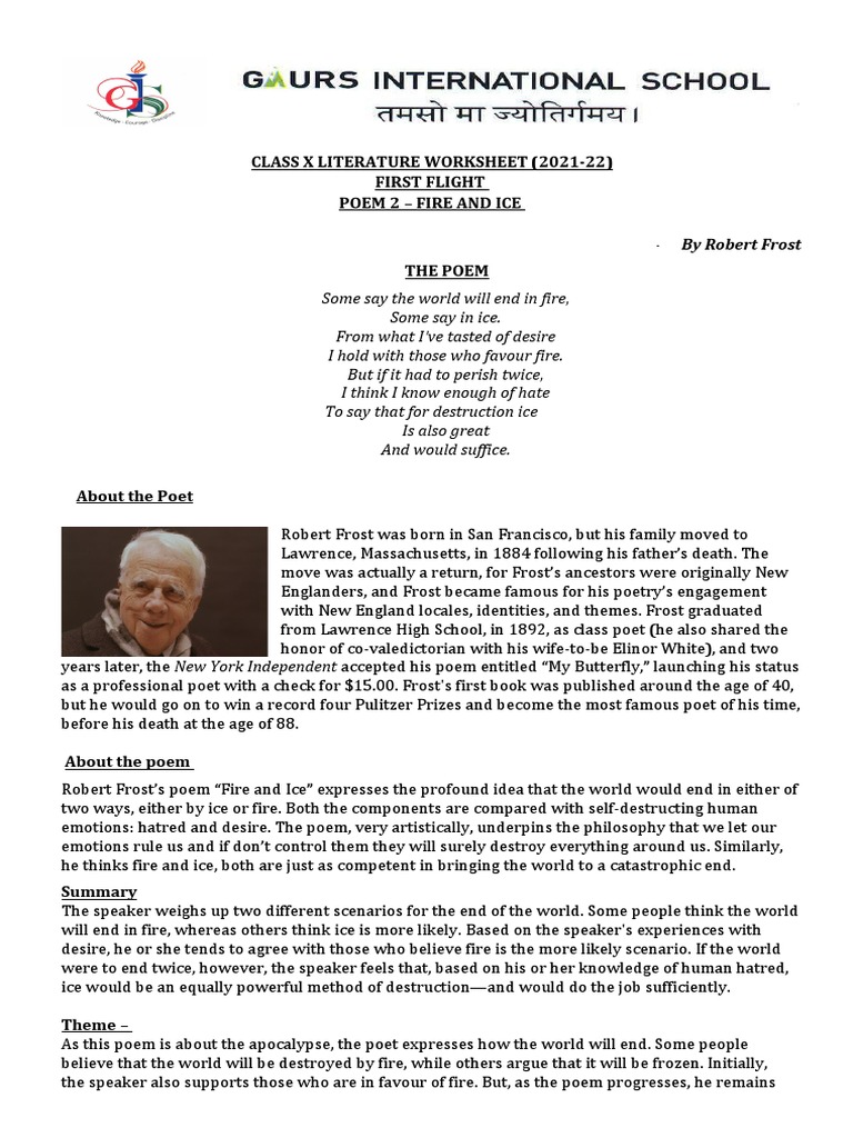 Class X Literature Worksheet (2021-22) First Flight Poem 2 - Fire and ...