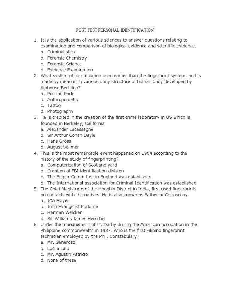 Personal Identification Techniques Exam | PDF | Fingerprint | Forensic ...