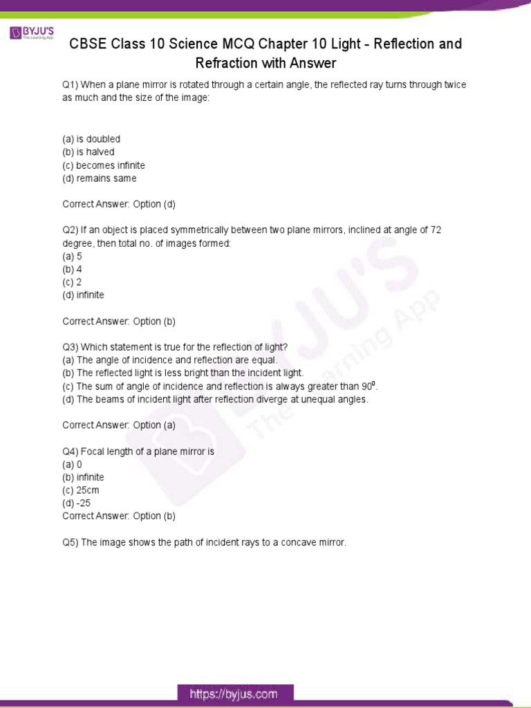 CBSE Class 10 Science MCQ Chapter 10 Light Reflection and Refraction ...