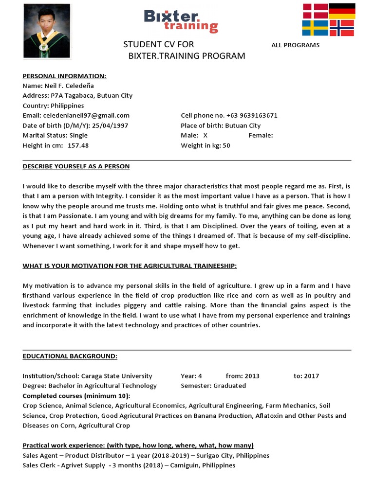 Student CV For Bixter - Training Program: Personal Information | PDF ...