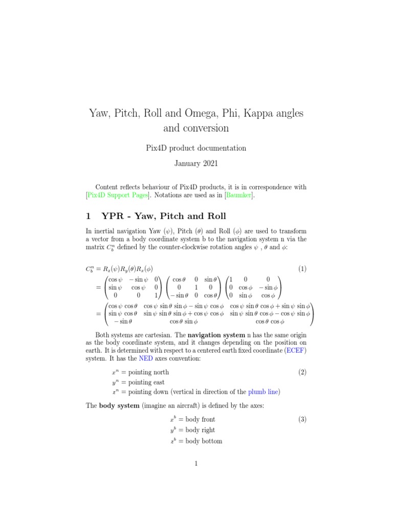 Pix4D Yaw Pitch Roll Omega To Phi Kappa Angles and Conversion | PDF ...