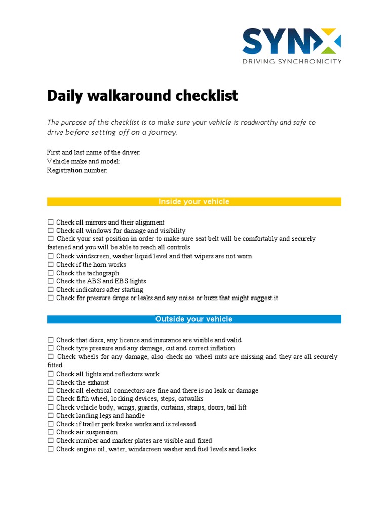SynX Daily Walkaround Checklist | PDF | Vehicles | Automotive Industry